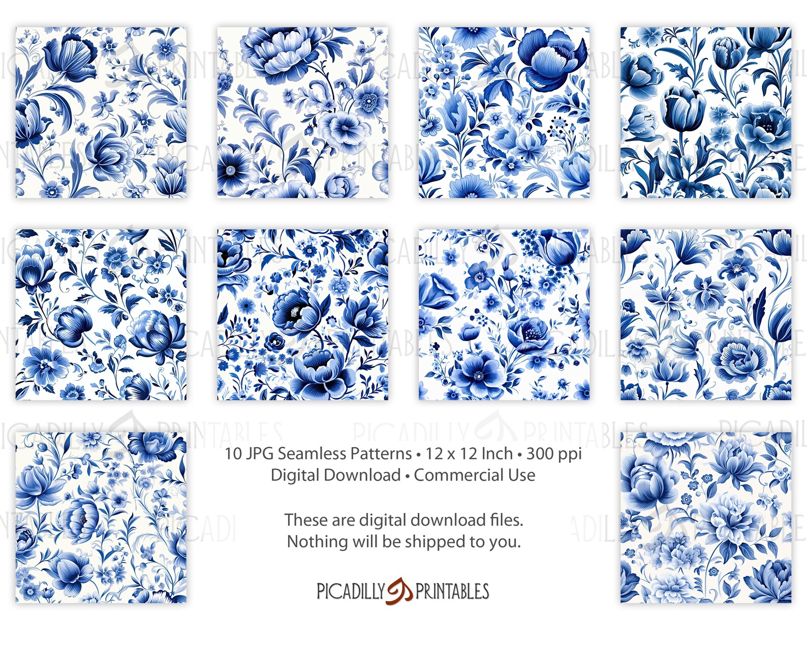 Delft Style Floral Seamless Patterns Blue & White Flower Backgrounds 10 ...