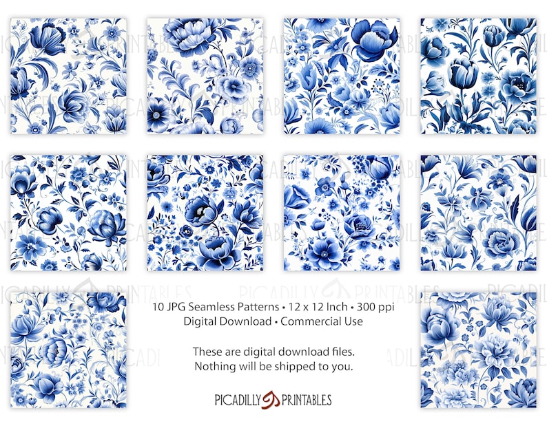 Delft Style Floral Seamless Patterns - Blue & White Flower Backgrounds ...