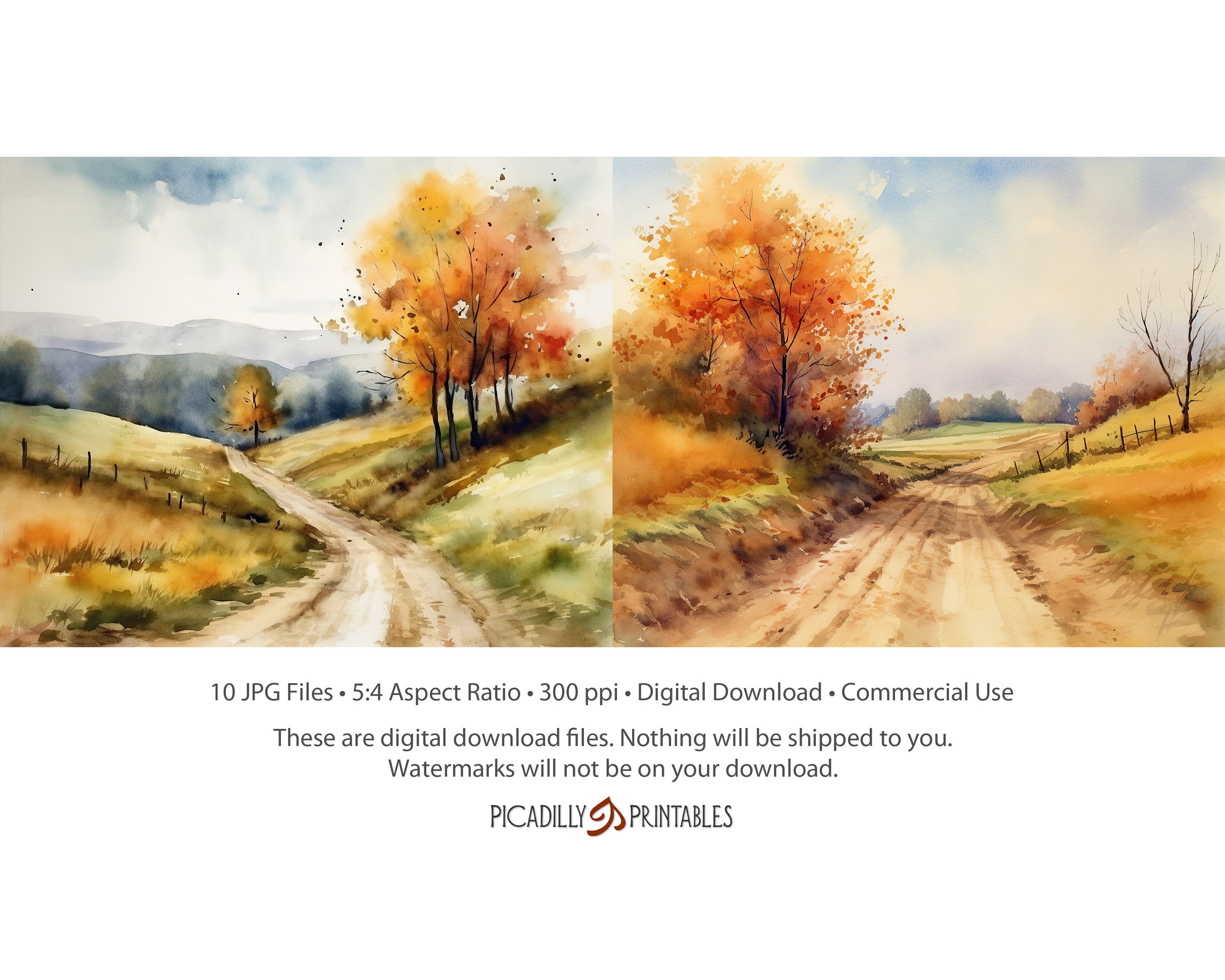 Country Roads Watercolor Dirt Road Backgrounds for Scrapbooking, Journals, Collages 10 JPG ...