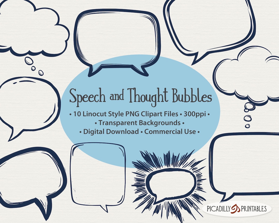 Speech Bubble & Thought Bubble Clip Art - Linocut Style - 10 PNG Files ...