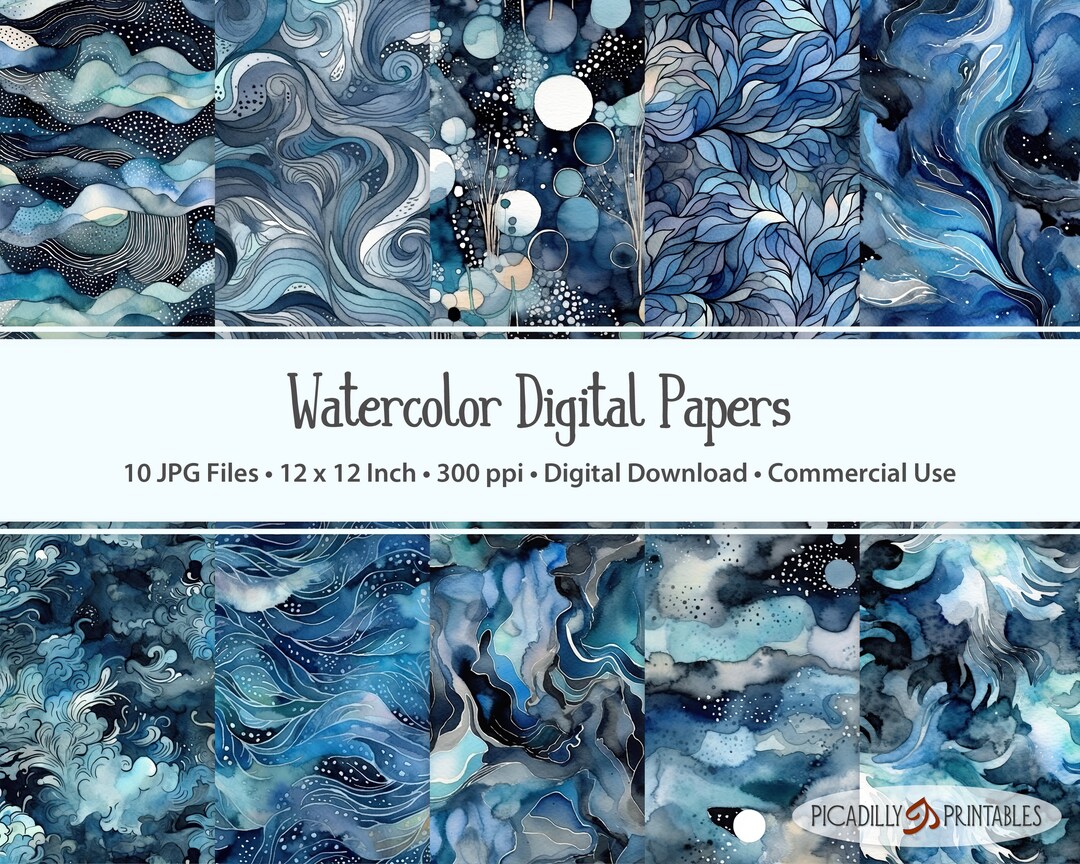 Blue and Gray on Black Digital Papers - Watercolor Backgrounds - 10 JPG ...
