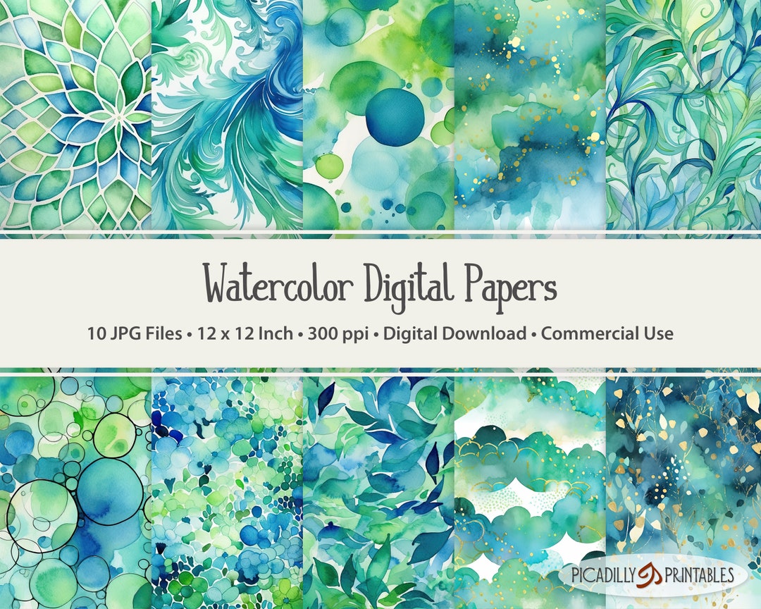 Blue & Green Digital Papers II - Watercolor Backgrounds for ...
