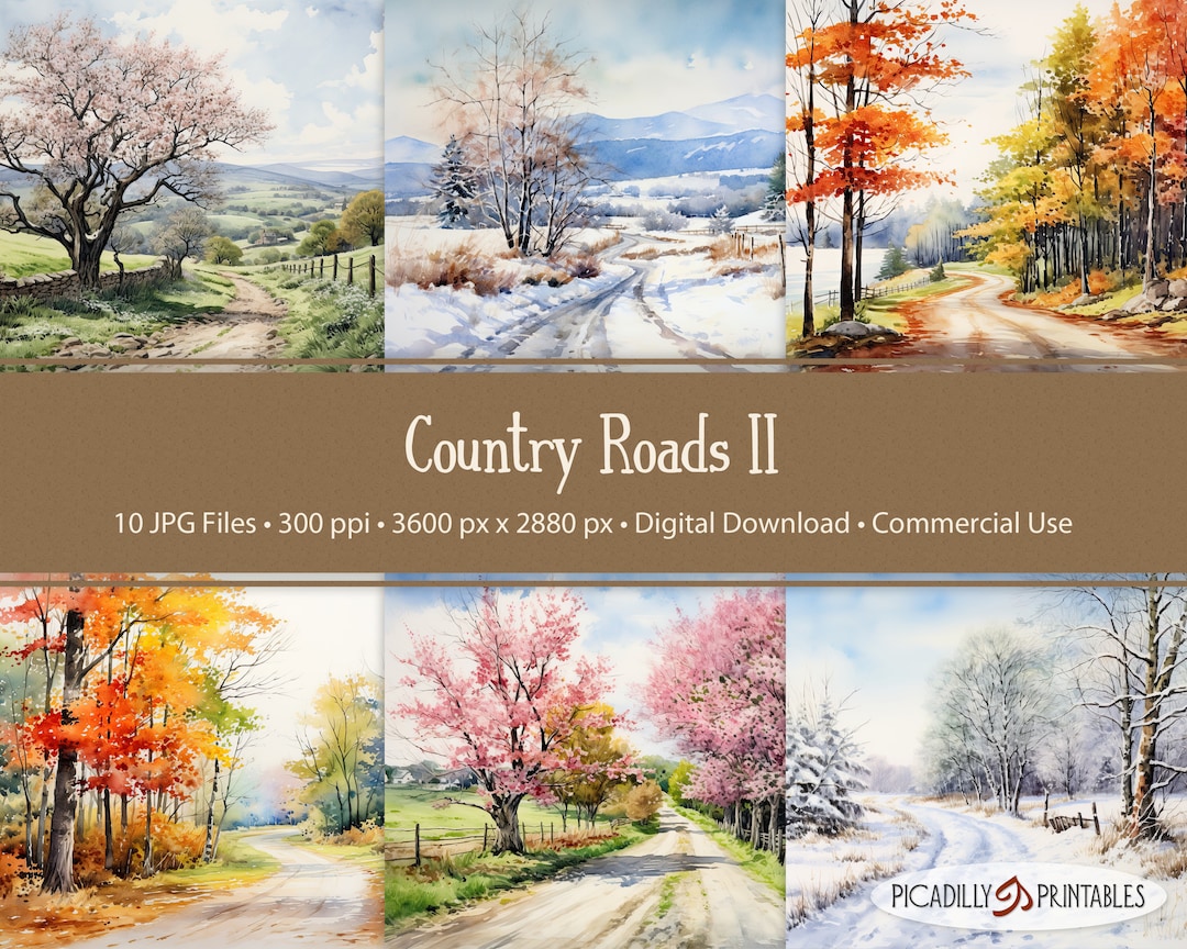Country Roads 2 - Watercolor Dirt Road Backgrounds for Scrapbooking, Journals, Collages - 10 JPG ...