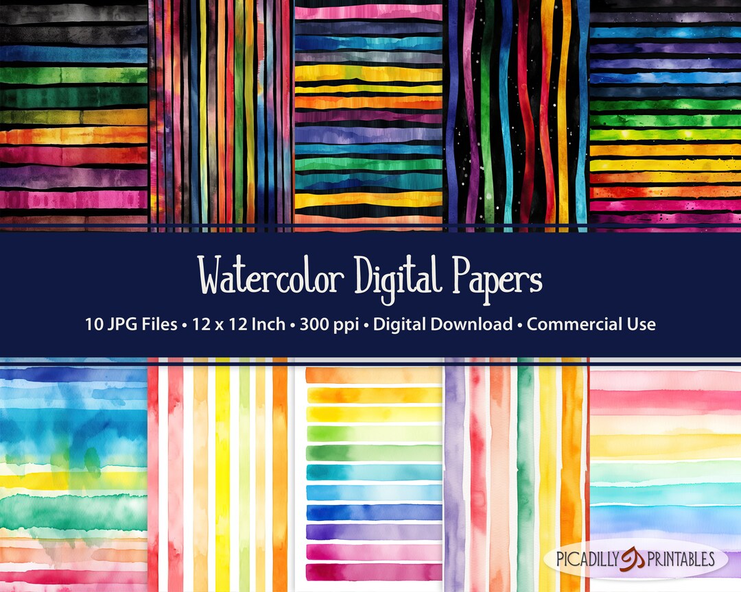 Rainbow Striped Digital Papers - Watercolor Background Images - 10 JPG ...