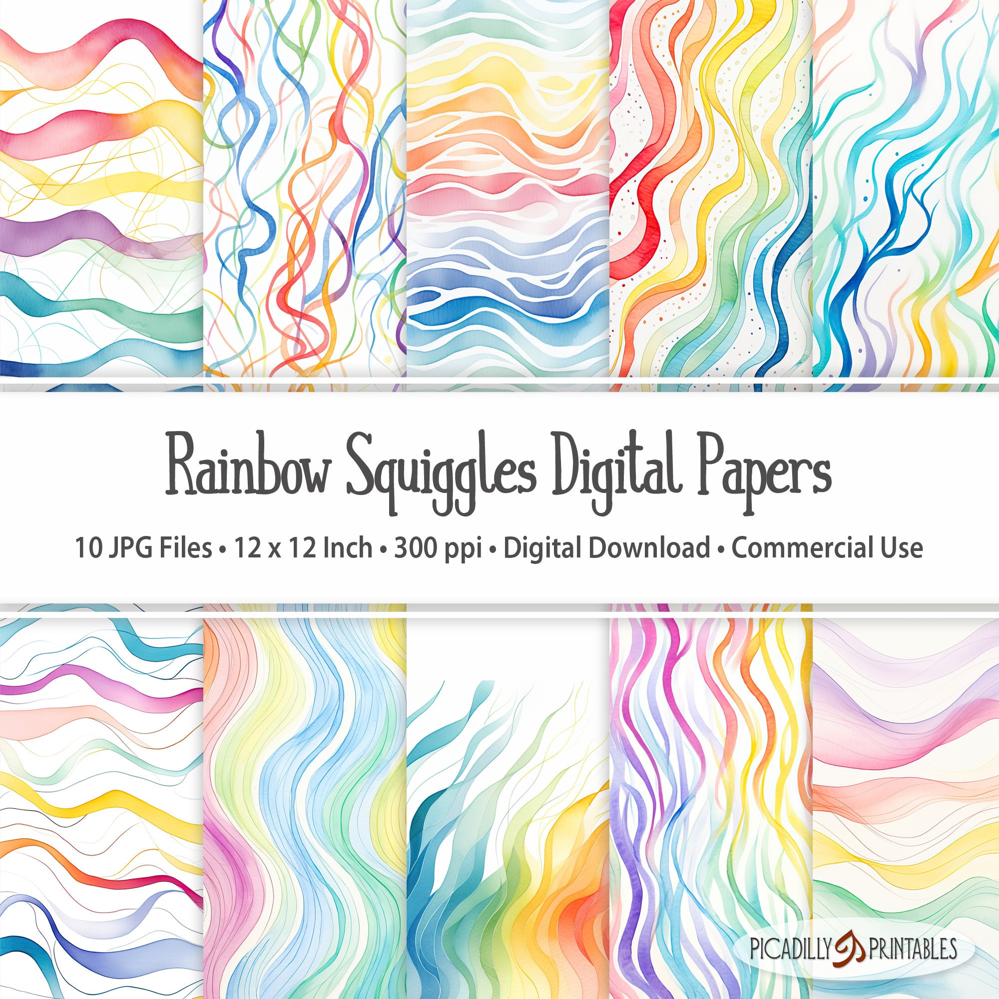 Rainbow Wavy Lines on White Digital Papers Background Squiggle Images ...