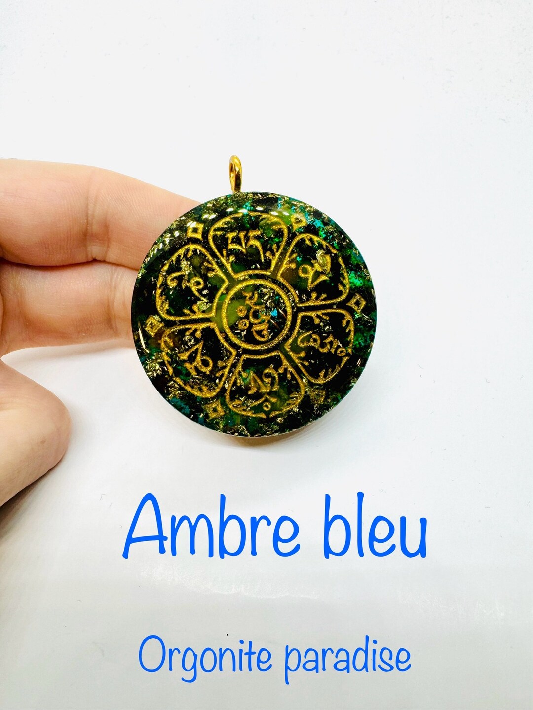 Blue Amber Om Mani Padmé Hum Symbol Lustrous Diamond Effect Helps Make ...
