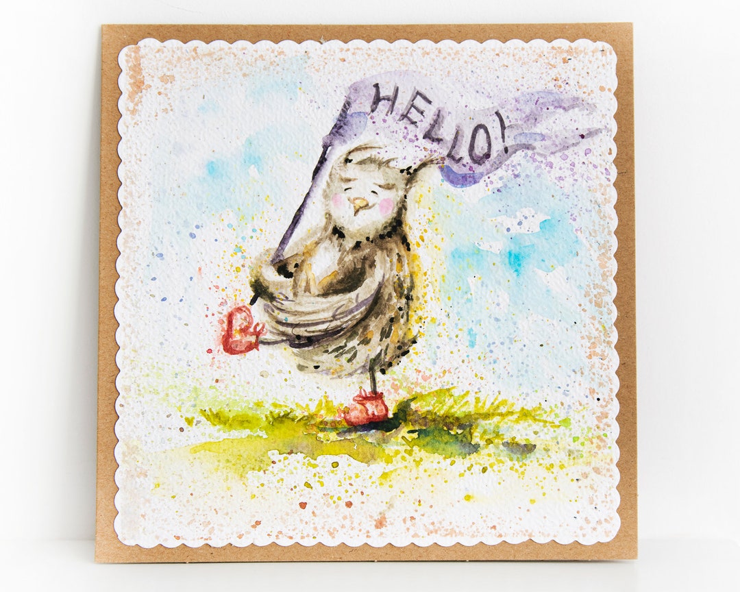 Hand Painted Watercolour Cards Hello Owl Exercise Birthday Painting ...