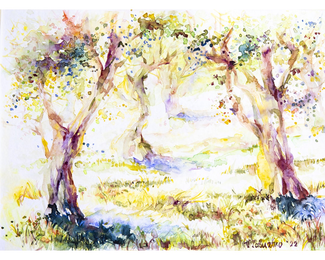 Olive Grove Yellow Colorful Tree Painting Watercolor Abstract Light ...