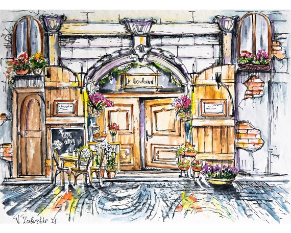 Cafe Sketch Flowers Street Night City Colorful Painting | Etsy