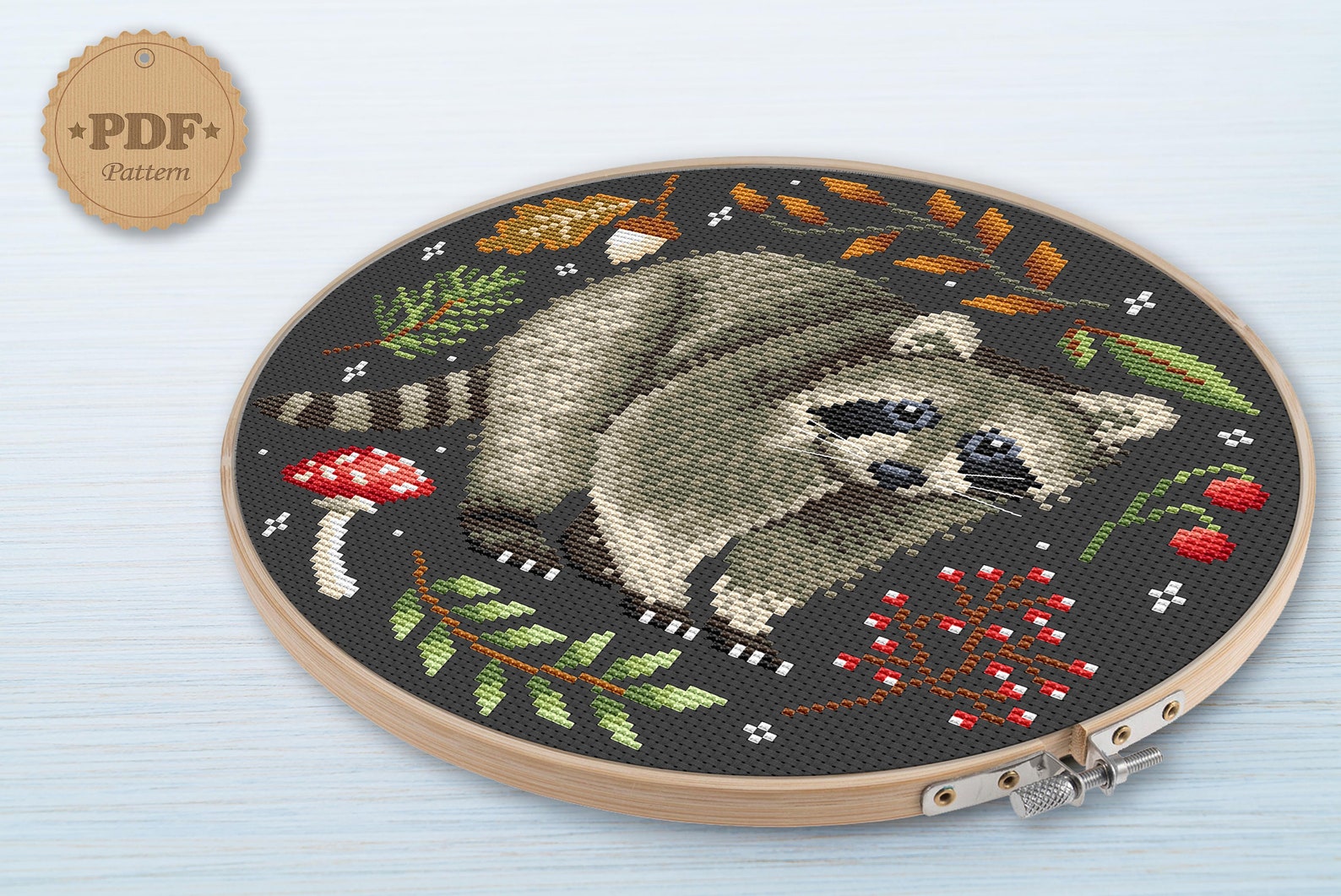 Raccoon Cross Stitch Pattern PDF Autumn Cross Stitch Floral - Etsy