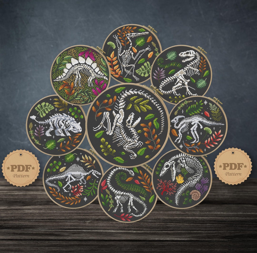 Set of 9 Dinosaur Skeletons Cross Stitch Pattern Pdf, Jurassic Cross ...