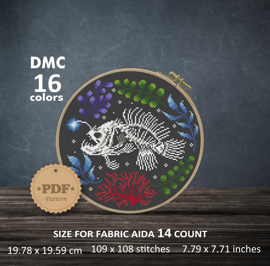 Angler Fish Skeleton Cross Stitch Pattern Pdf Deep Sea Fish - Etsy