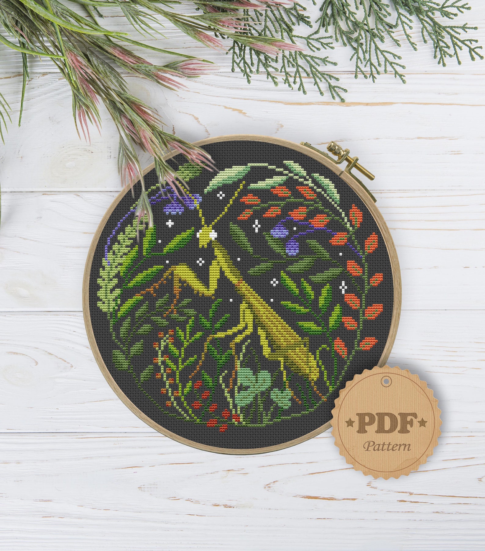 Praying Mantis Cross Stitch Pattern Pdf Floral Mantis Cross - Etsy