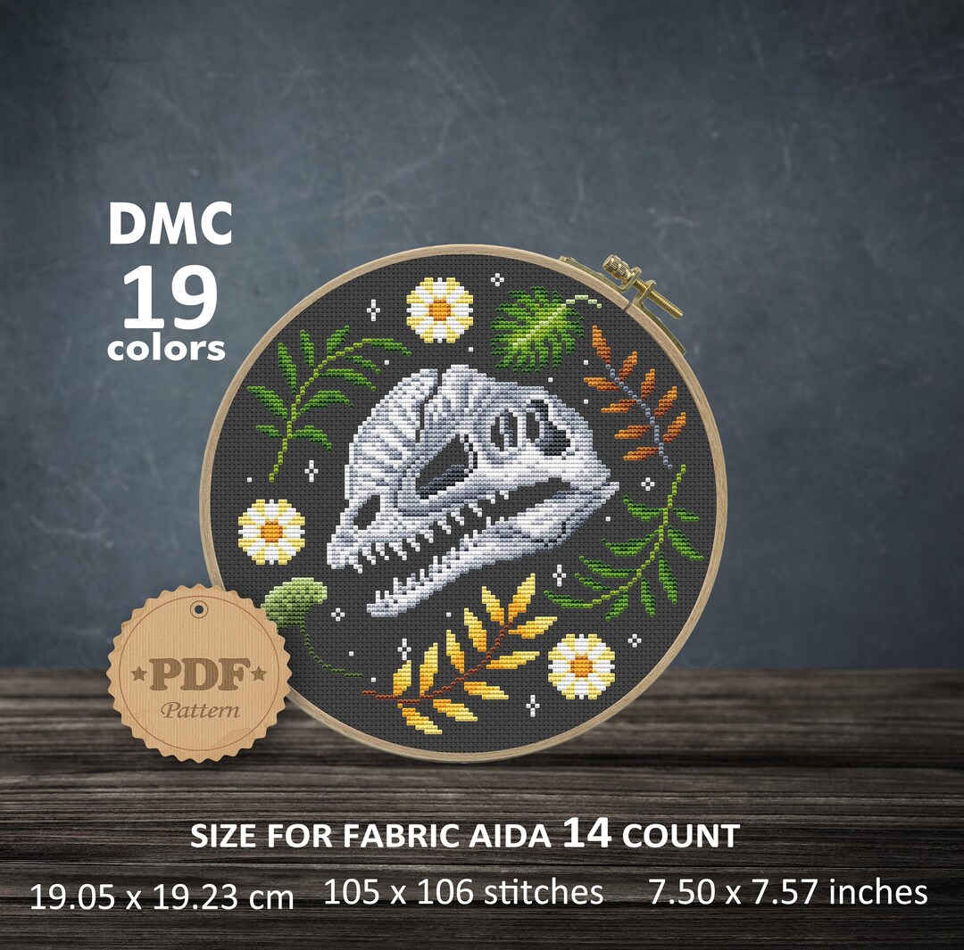 Dilophosaurus Skull Cross Stitch Pattern: Floral Dinosaur (PDF Pattern ...