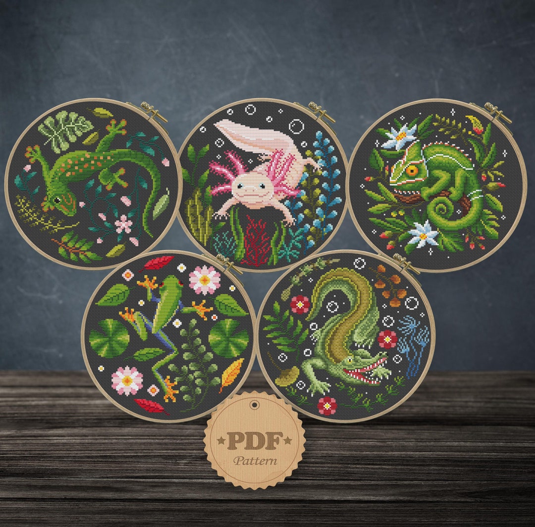 Set of 5 Amphibians Cross Stitch Pattern PDF, Tropical Cross Stitch ...