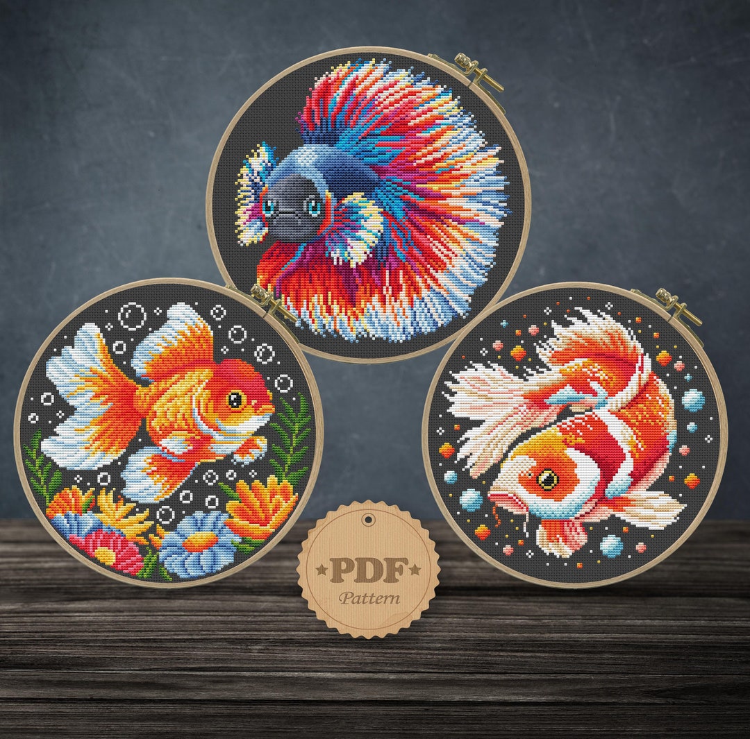 Colored Fish Set Cross Stitch Pattern PDF, Betta Fish Embroidery ...