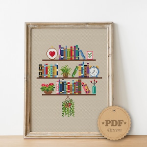 Bookshelf Cross Stitch Pattern Pdf Cozy Plant Bookshelf Cross Stitch ...