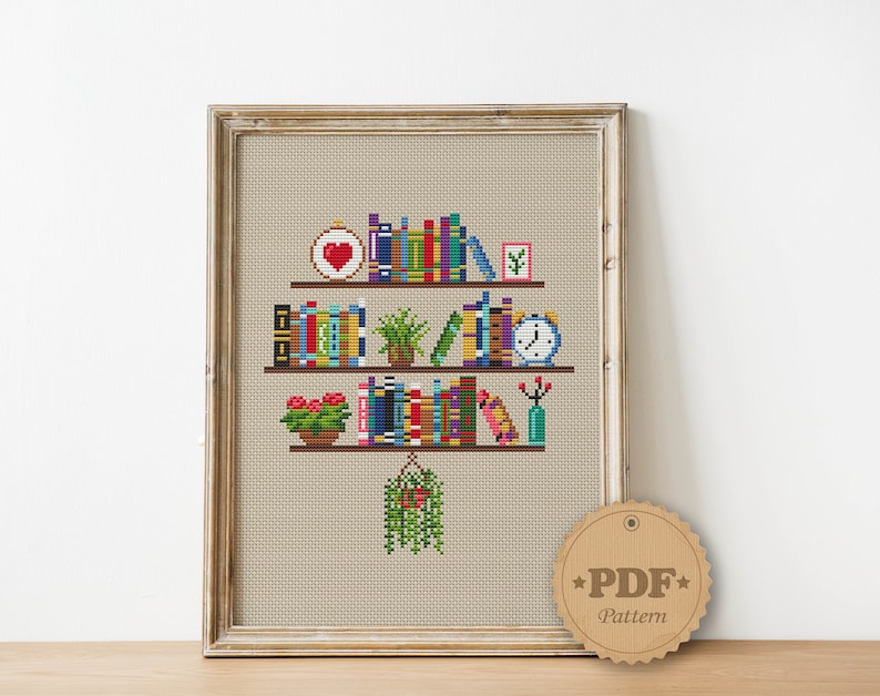 Bookshelf Cross Stitch Pattern Pdf Cozy Plant Bookshelf Cross - Etsy