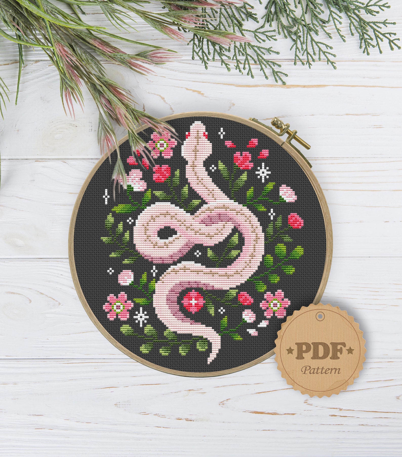 Floral Snake Cross Stitch Pattern PDF Modern Cross Stitch - Etsy