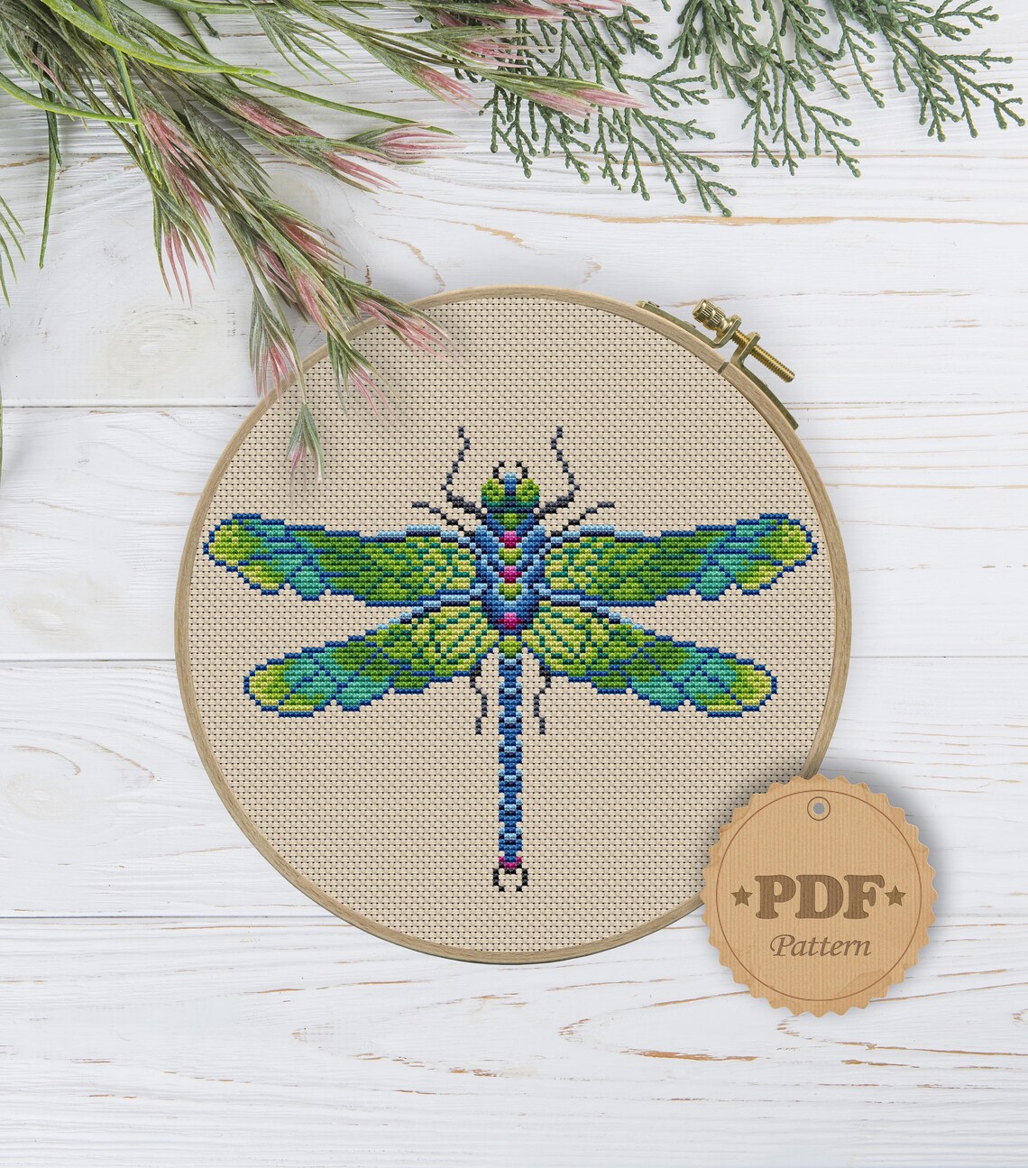 Green Dragonfly Cross Stitch Pattern Pdf Modern Cross Stitch - Etsy