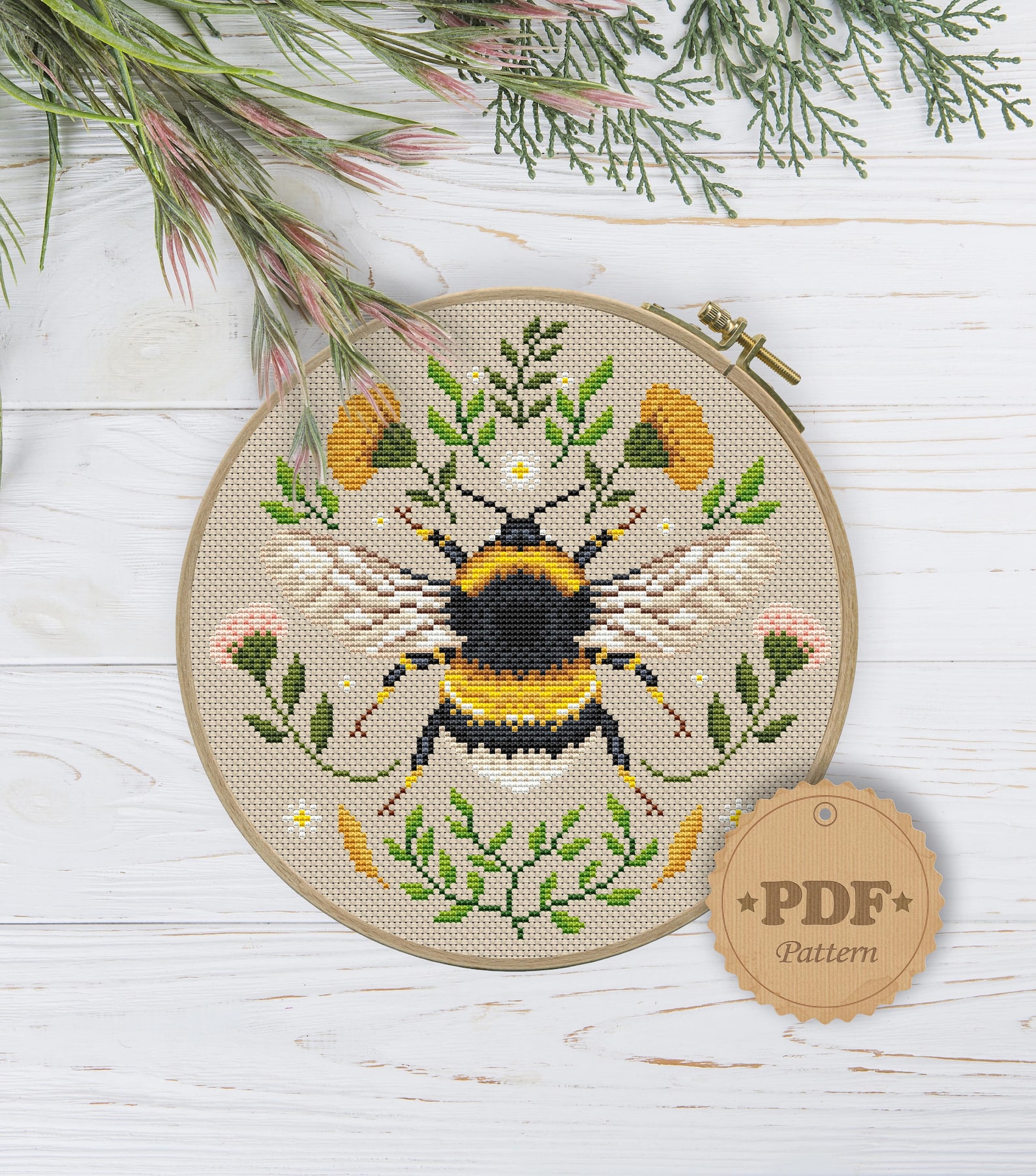 Floral Bumblebee Cross Stitch Pattern: Cottagecore Bee Embroidery (PDF ...