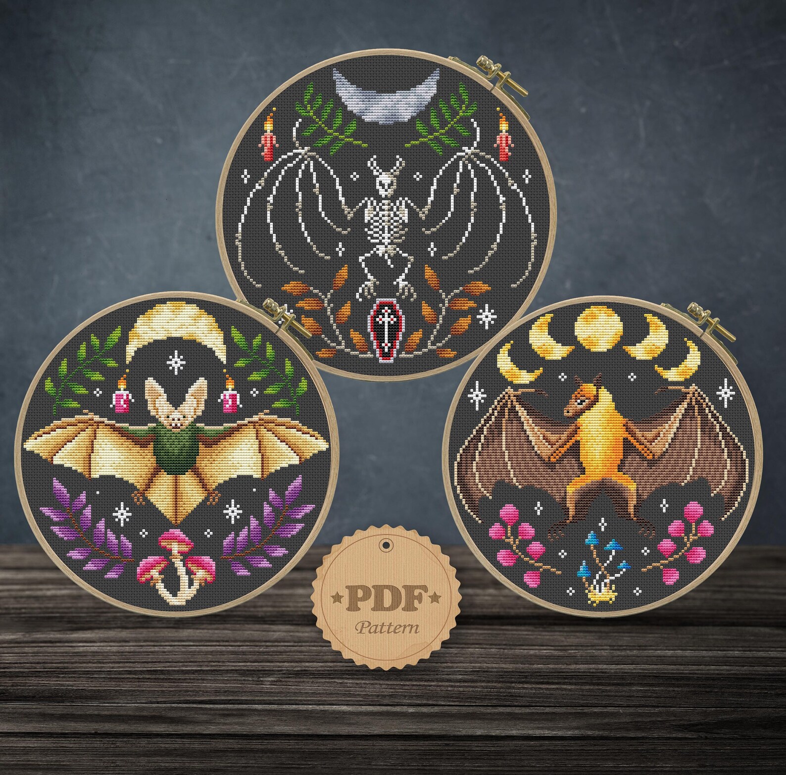 Bats & Moon Phases Cross Stitch Pattern: Gothic Halloween (PDF Pattern ...