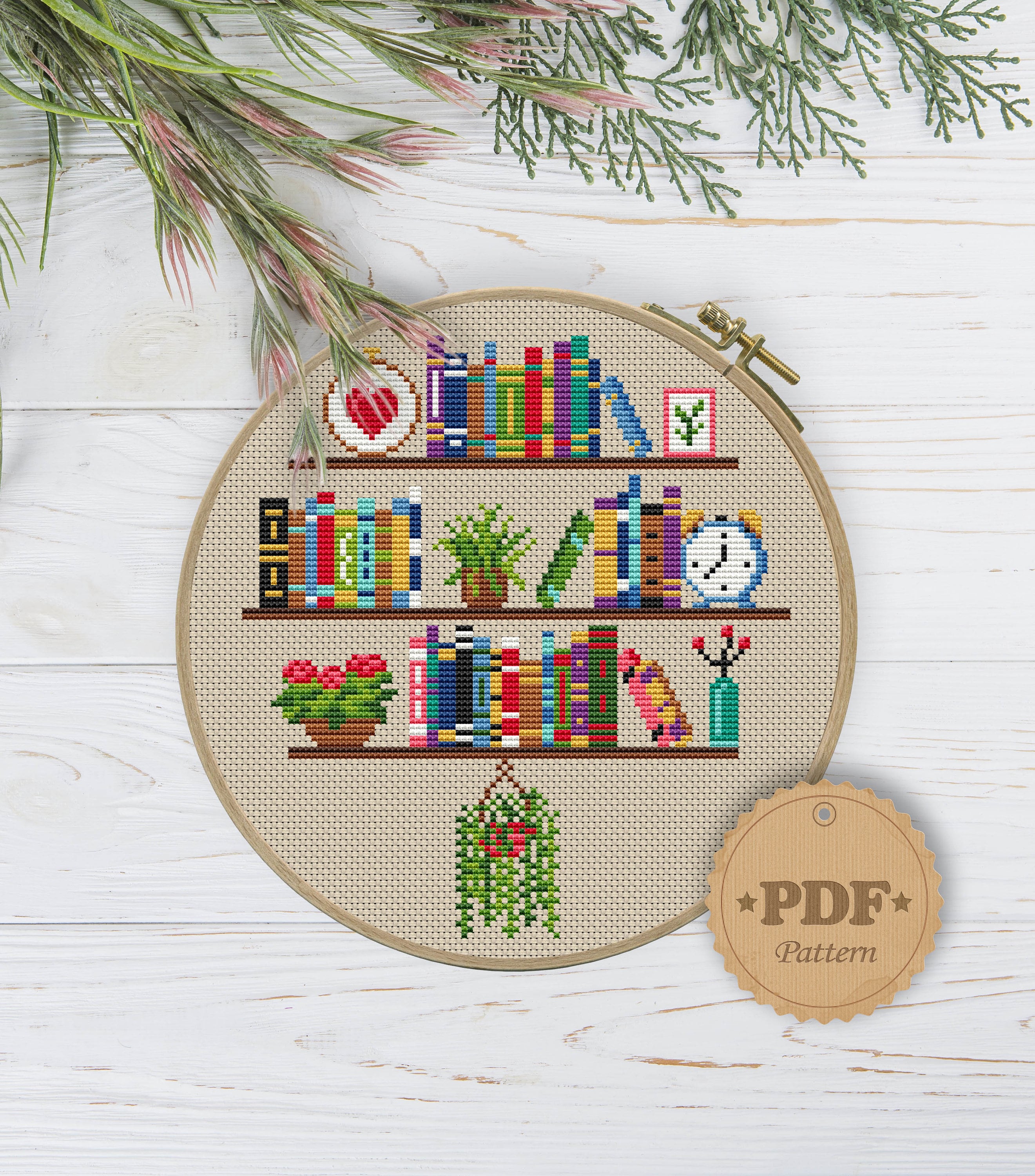 Bookshelf Cross Stitch Pattern Pdf Cozy Plant Bookshelf Cross - Etsy