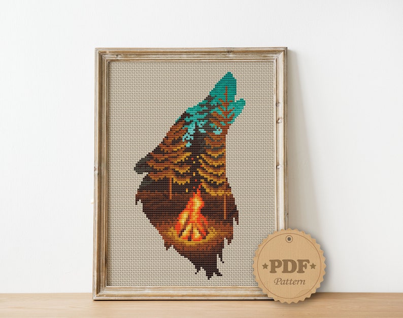 Wolf & Forest Cross Stitch Pattern: Modern Landscape (PDF Pattern) - Etsy