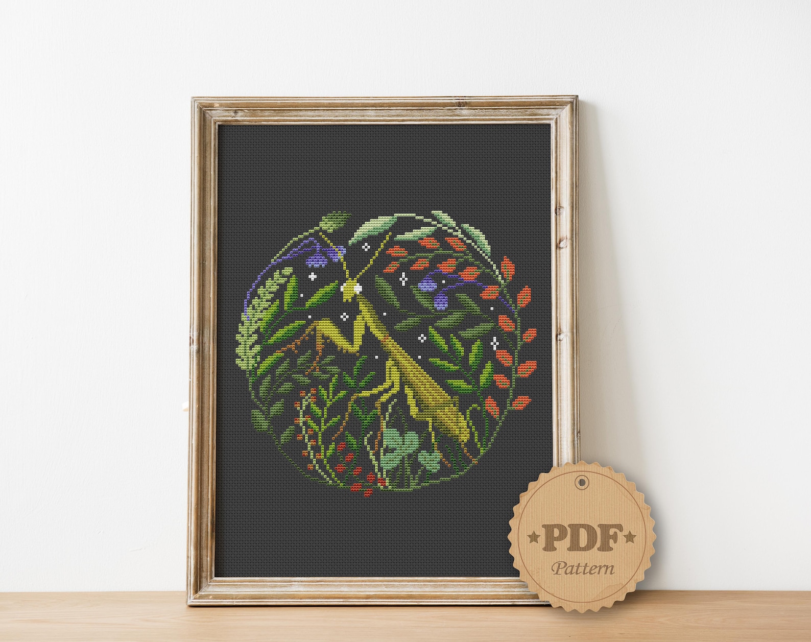 Praying Mantis Cross Stitch Pattern Pdf Floral Mantis Cross - Etsy