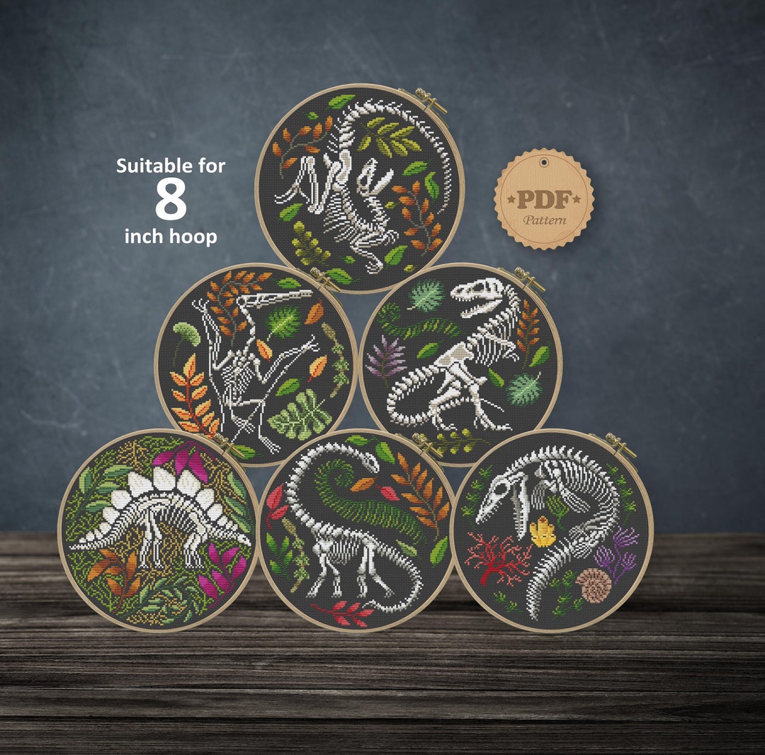 Set of 6 Dino Skeletons Cross Stitch Pattern Pdf, Dinosaur Cross Stitch ...