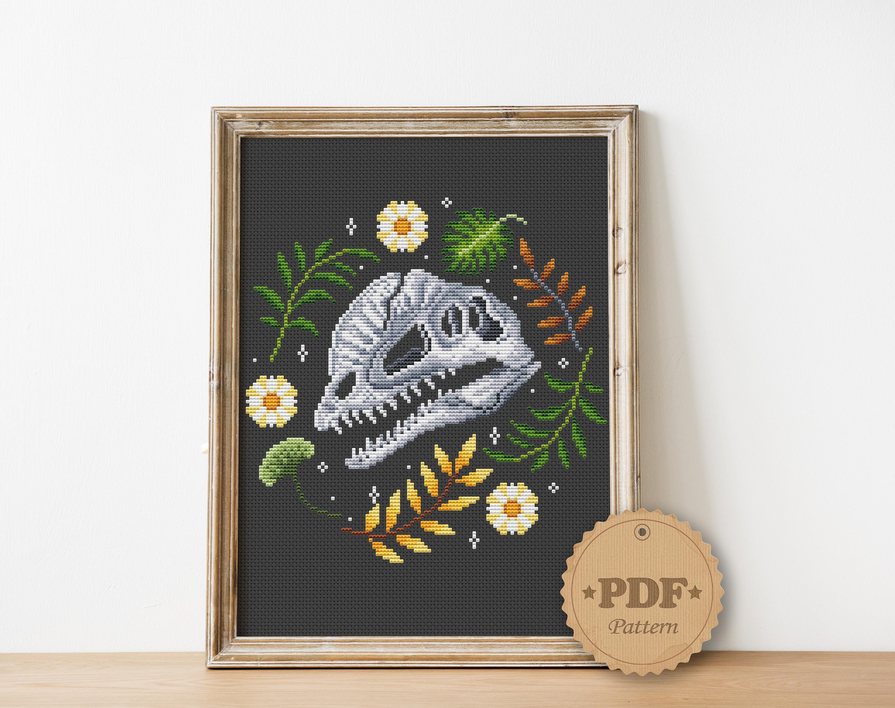 Dilophosaurus Skull Cross Stitch Pattern: Floral Dinosaur (PDF Pattern ...