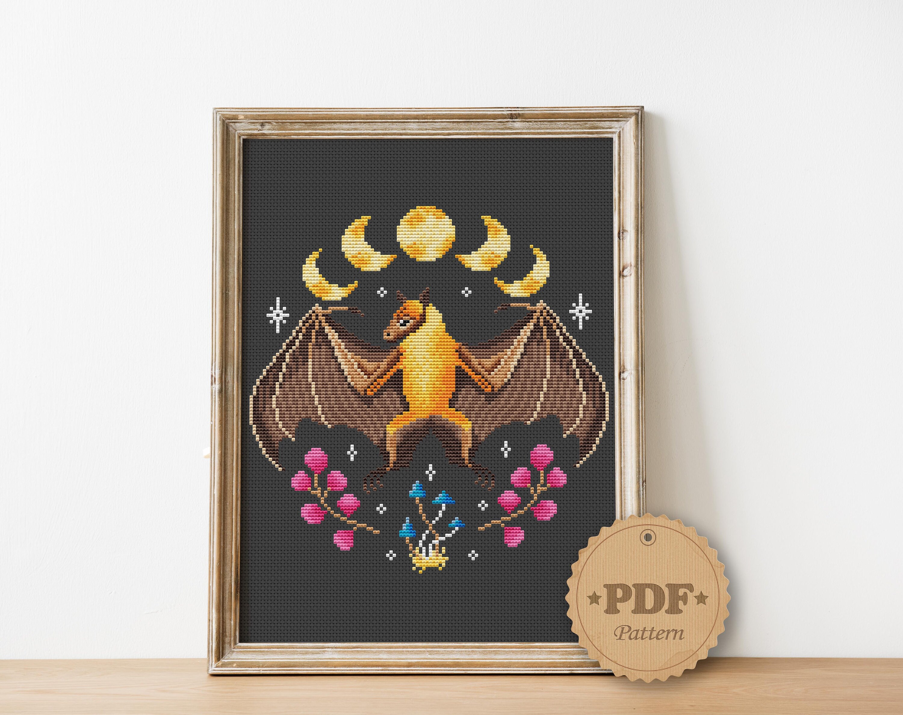 Bats & Moon Phases Cross Stitch Pattern: Gothic Halloween (PDF Pattern ...