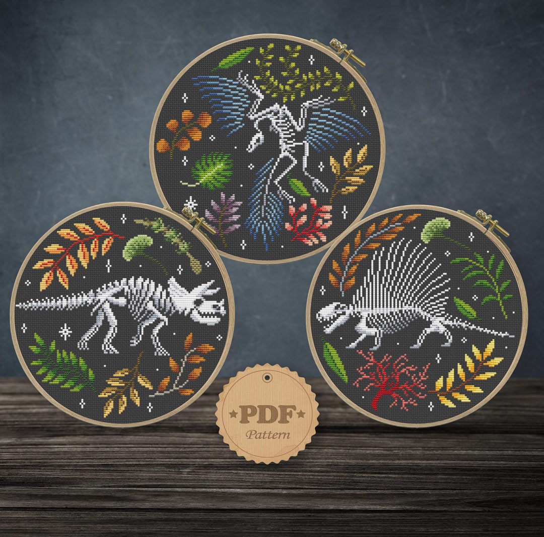Set of Dinosaur Skeletons Cross Stitch Pattern Pdf, Dinosaur Cross ...