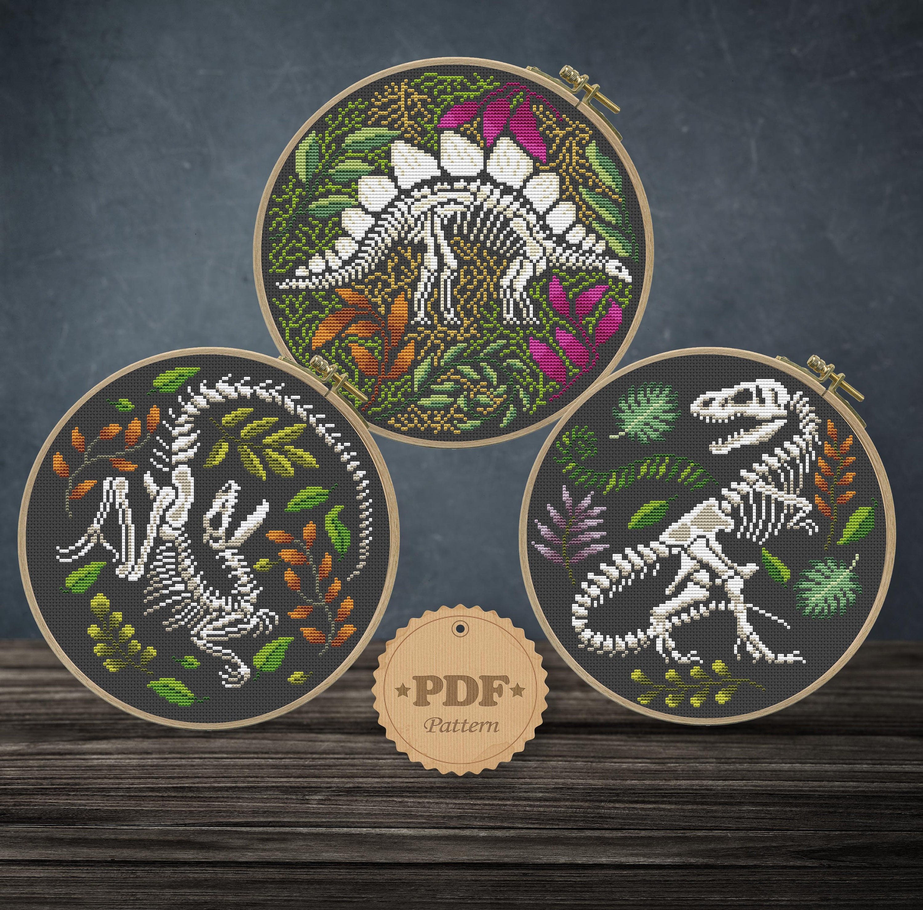 Dinosaur Skeletons Cross Stitch Pattern: Floral Dino Decor (PDF Pattern ...