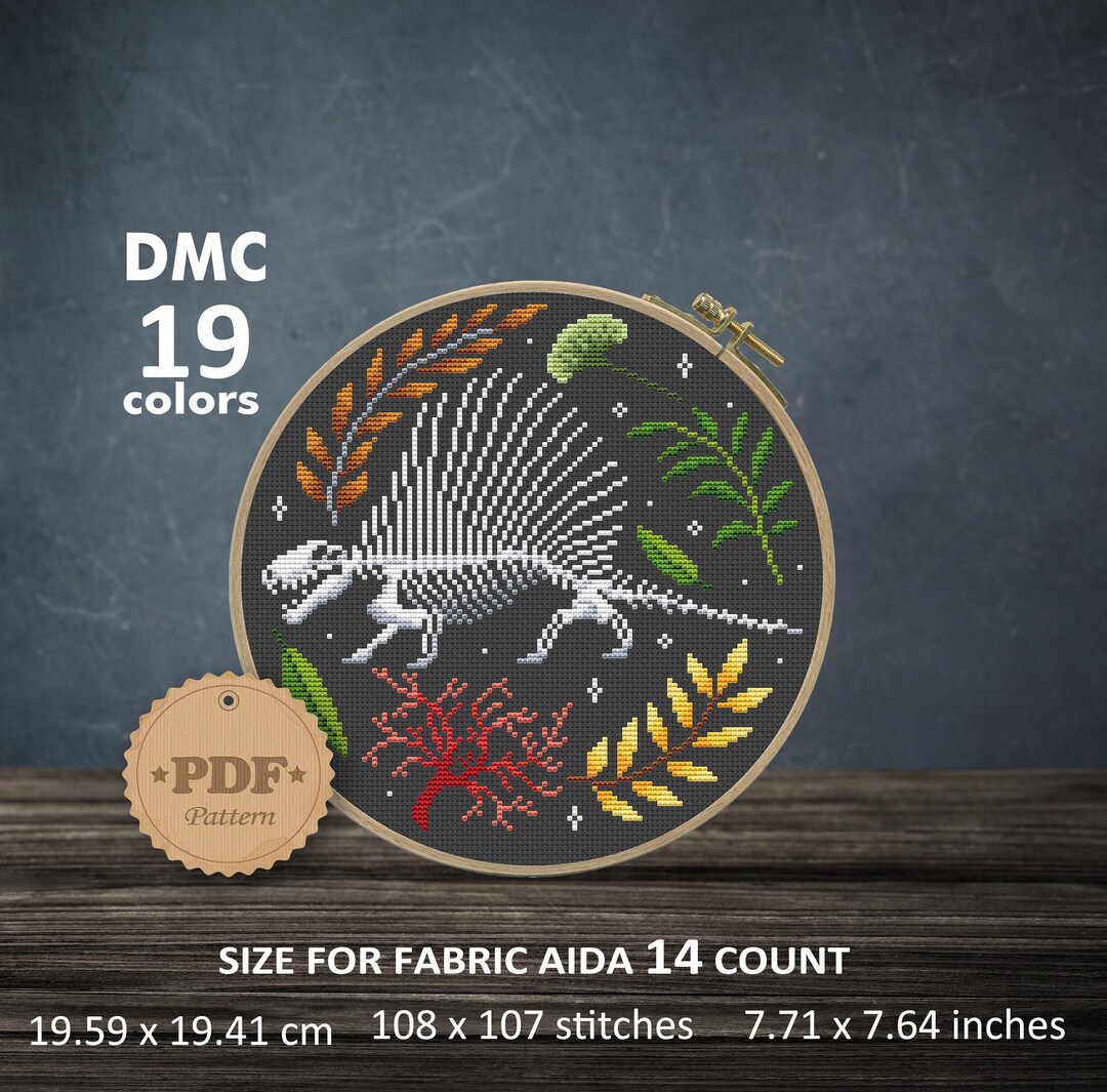 Dimetrodon Skeleton Cross Stitch Pattern: Floral Dinosaur Bones (PDF ...