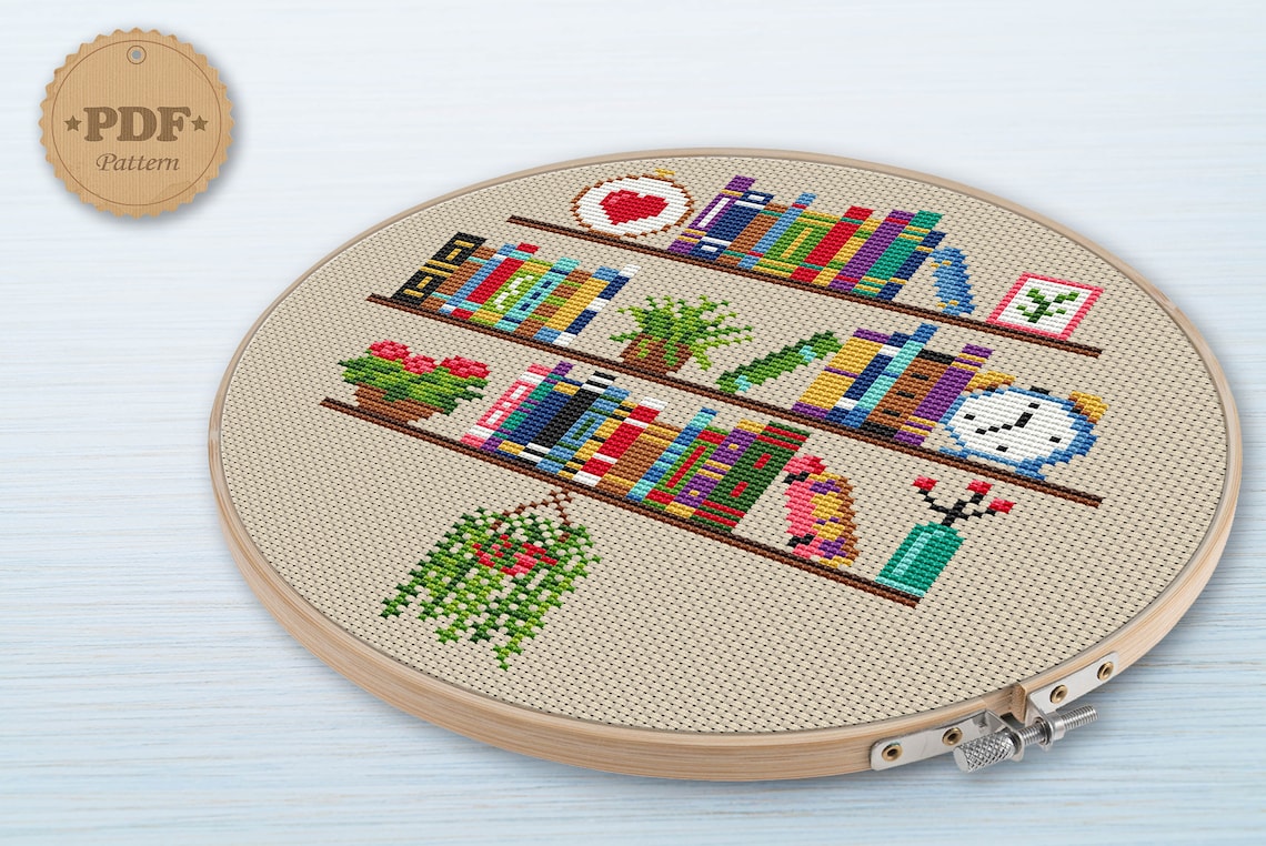 Bookshelf Cross Stitch Pattern Pdf Cozy Plant Bookshelf Cross - Etsy