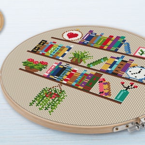 Bookshelf Cross Stitch Pattern Pdf Cozy Plant Bookshelf Cross Stitch ...