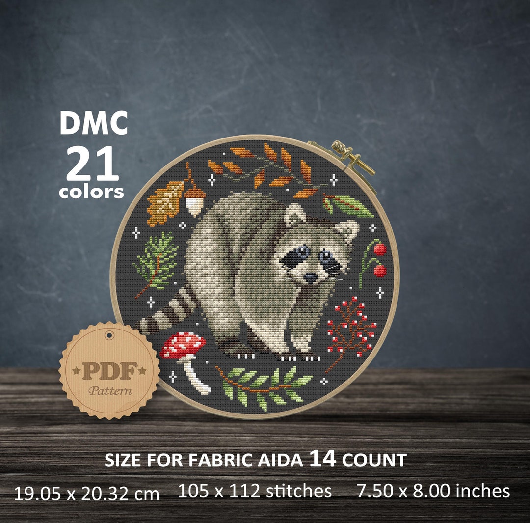 Raccoon Cross Stitch Pattern PDF, Autumn Cross Stitch, Floral Raccoon ...