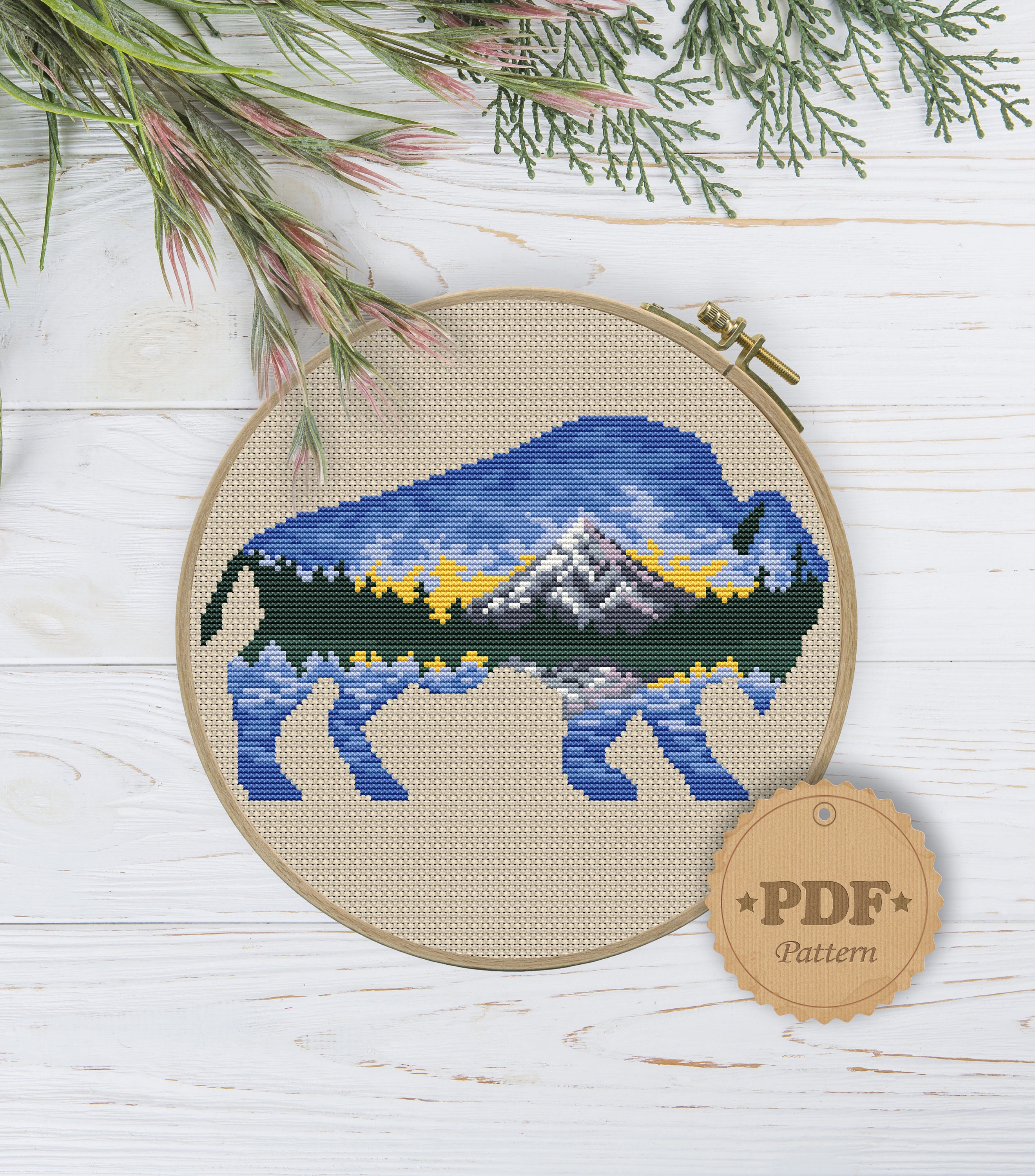 Buffalo Silhouette Cross Stitch Pattern: Mountain Forest Design (PDF ...