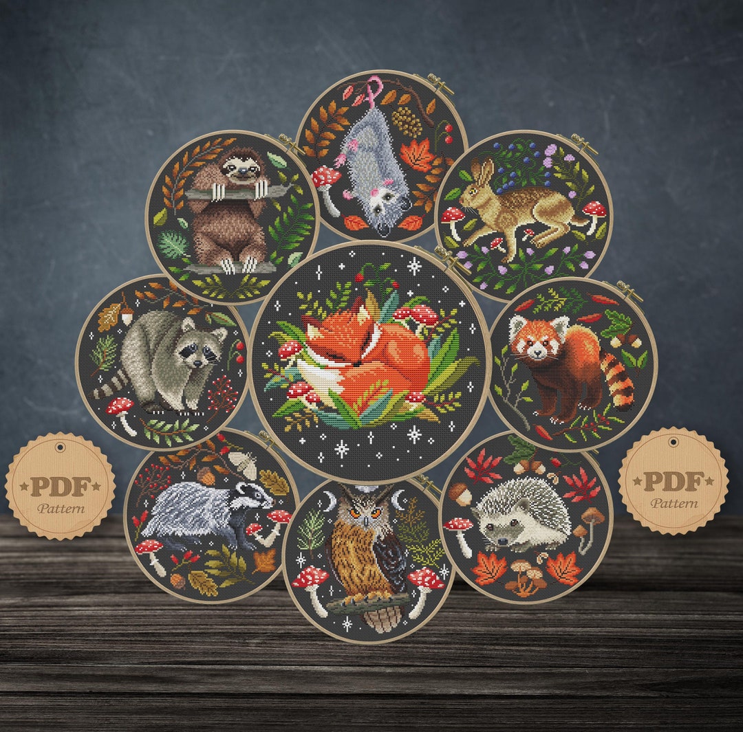 Set of 9 Forest Animals Cross Stitch Pattern PDF, Fox, Badger, Raccoon ...