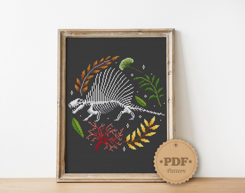 Dimetrodon Skeleton Cross Stitch Pattern: Floral Dinosaur Bones (PDF ...