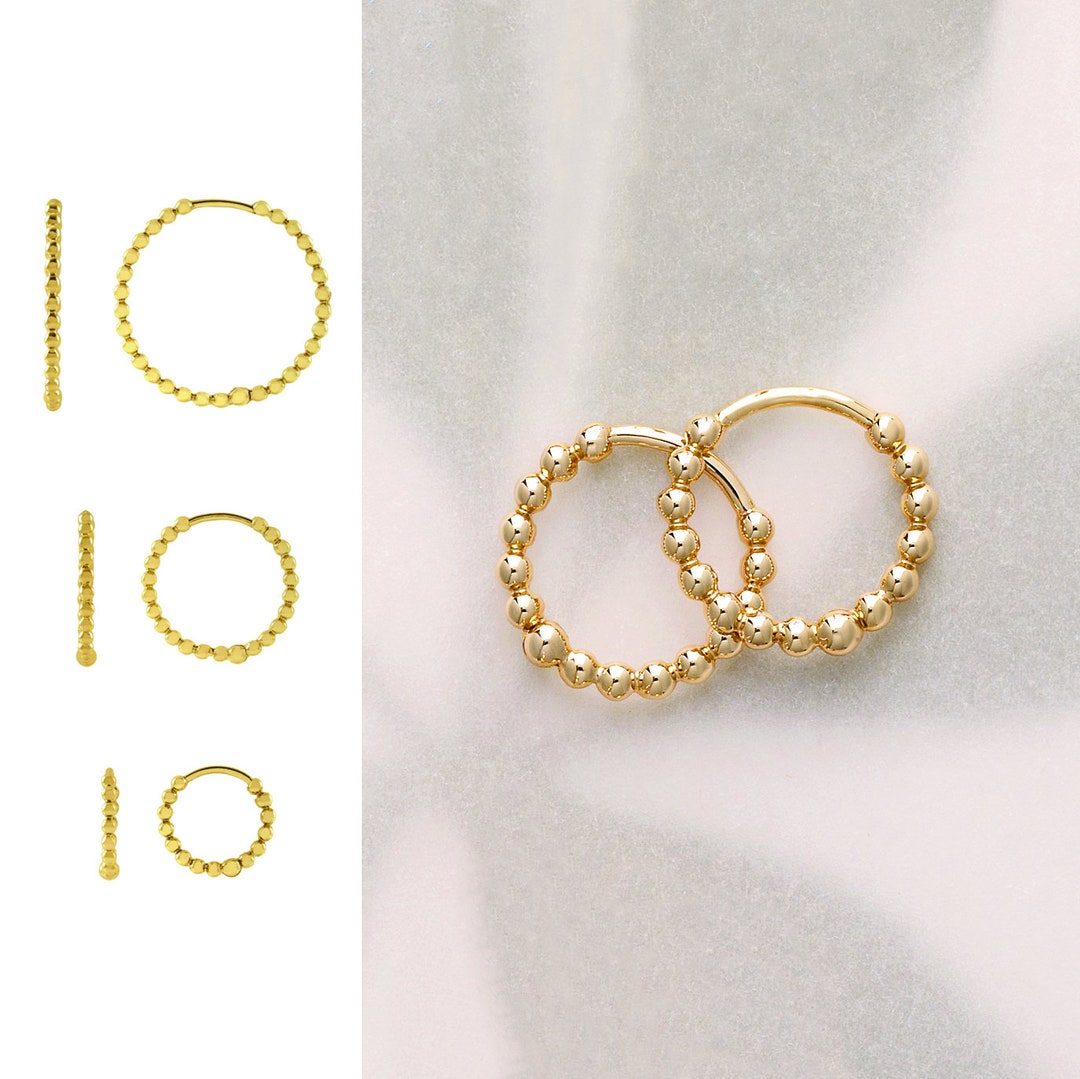 14K Gold Beaded Hoop Earrings 14K Solid Gold Real 14KT Yellow White ...