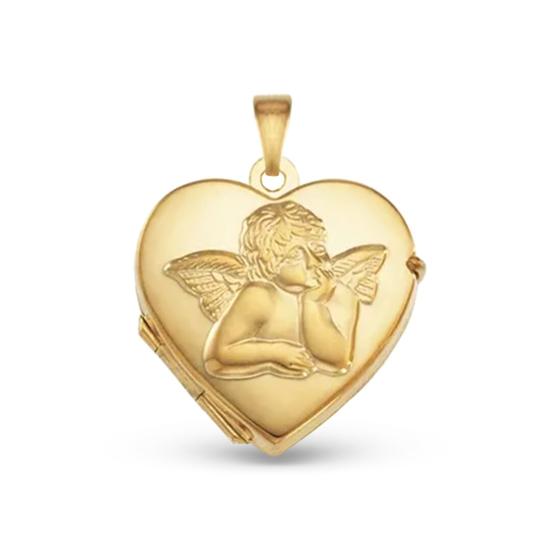 14K Solid Gold Cherub Heart Locket - Sentimental Photo Necklace - Etsy