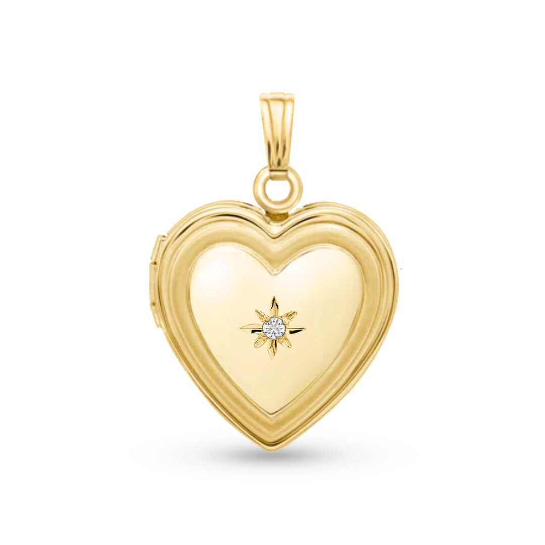 14K Gold Heart Locket W/ Diamond - 14K Solid Gold Real Picture Photo ...