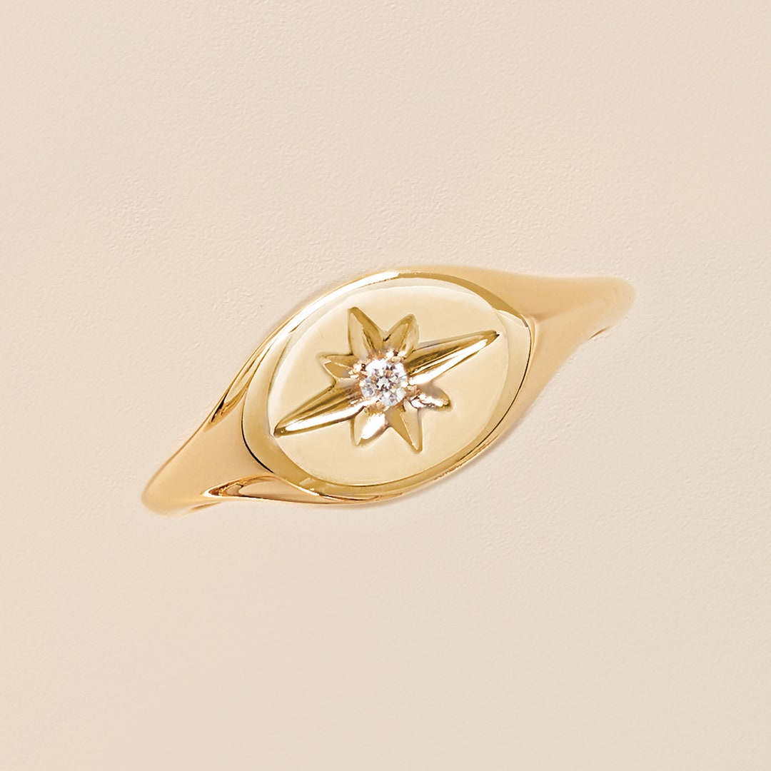 14K Gold Starburst Signet Ring - 14K Solid Gold Real 10K Diamond ...