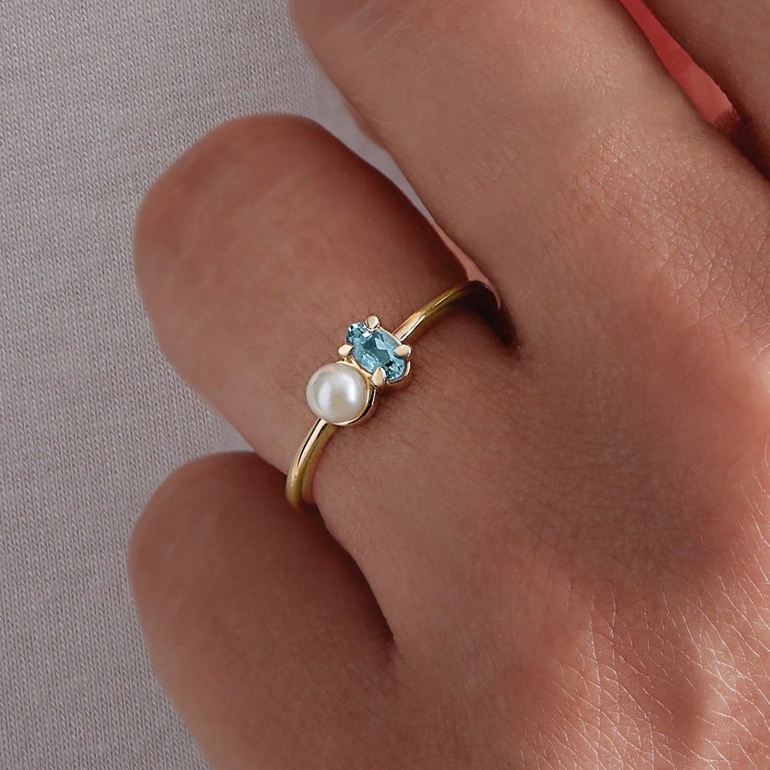 14K Gold Aquamarine & Pearl Ring - 14K Solid Gold Real 14KT Yellow ...