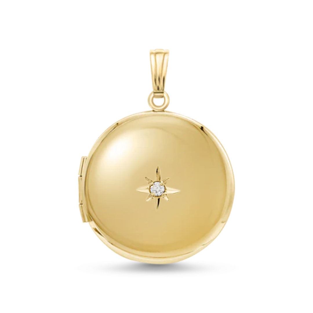 14K Gold Round Diamond Locket - 14K Solid Gold Yellow Real Pendant ...