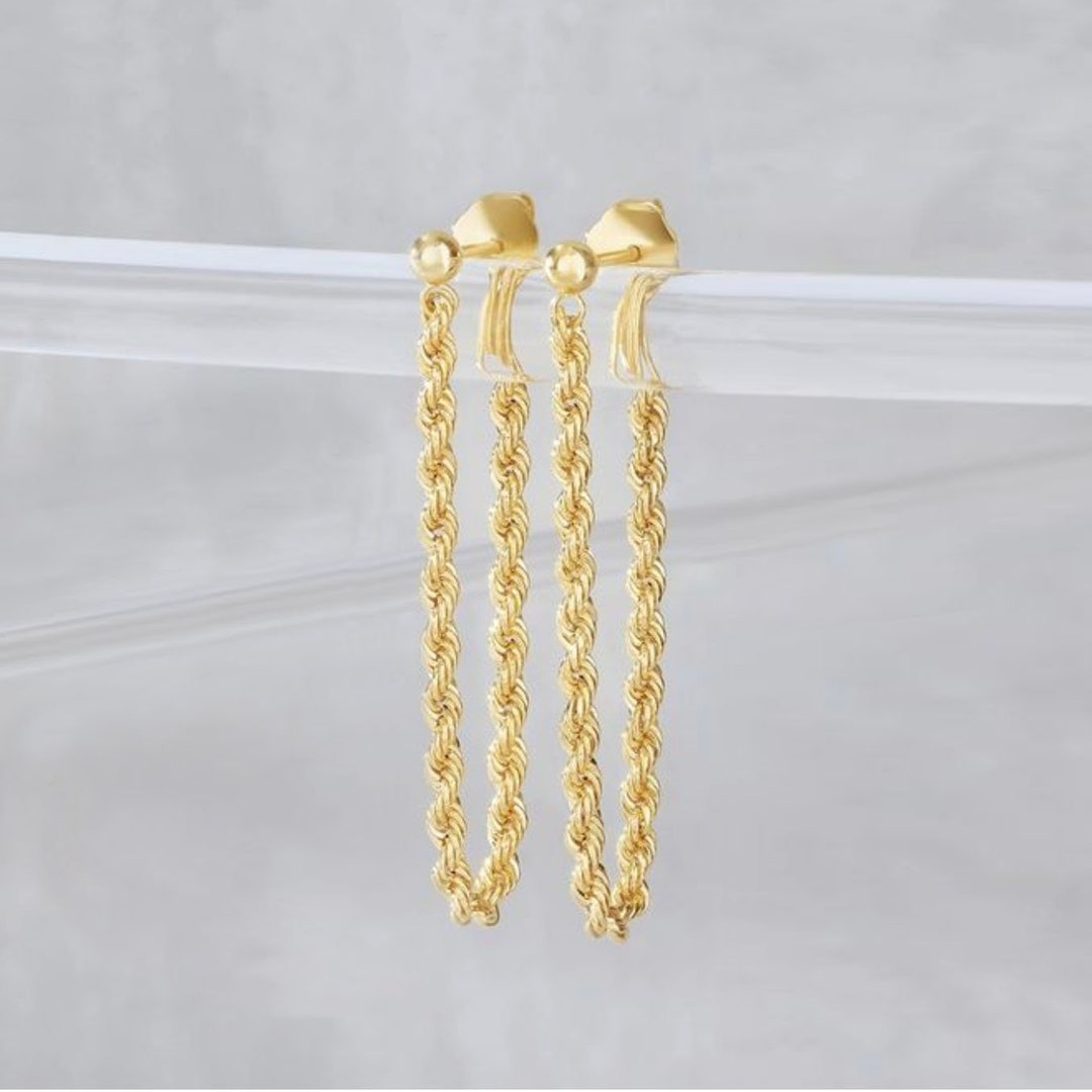14K Gold Rope Chain Earrings 14K Solid Gold Real 14KY 14KT Yellow Bead ...