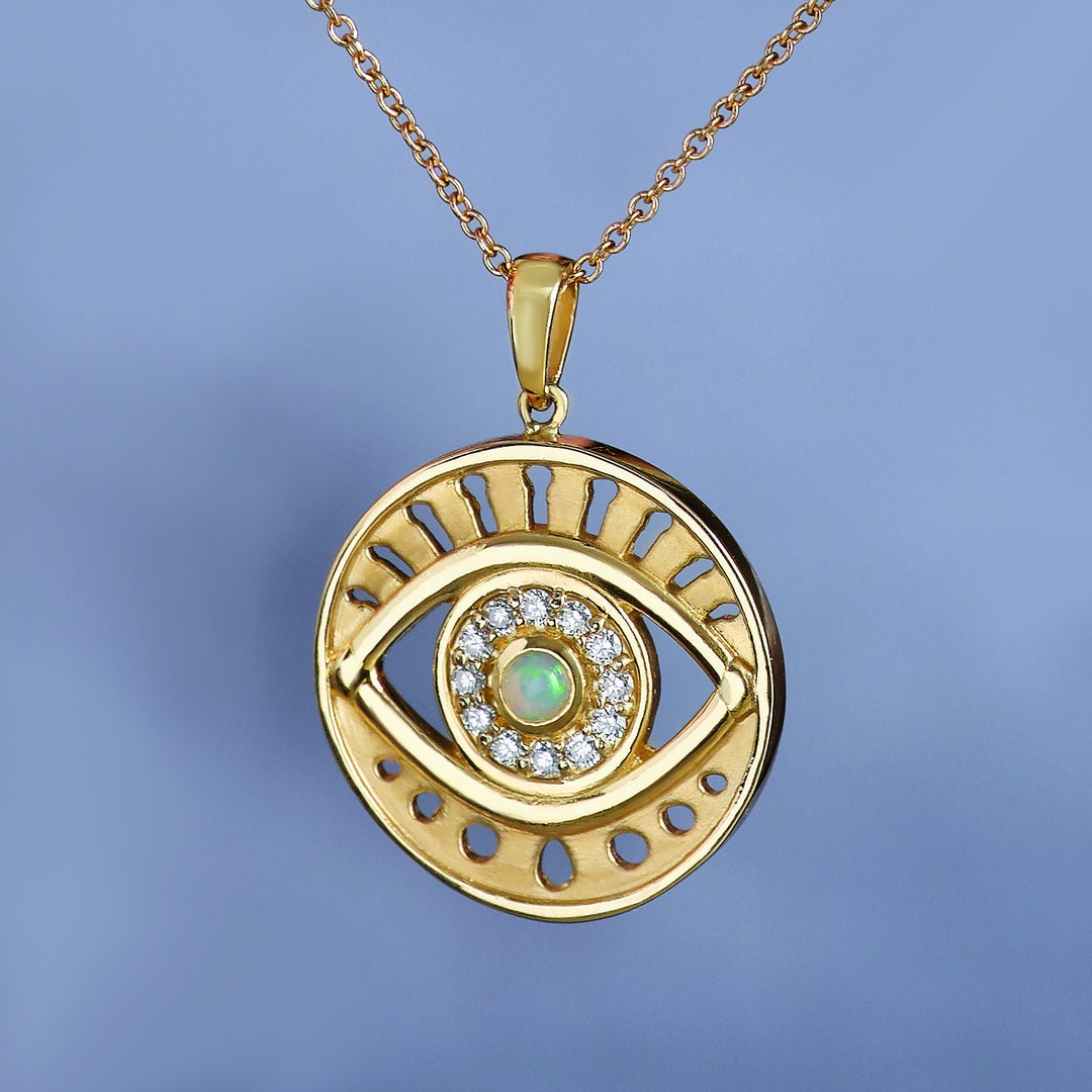 14K Gold Evil Eye Pendant - 14K Solid Gold Yellow White Rose Diamond Charm Necklace Genuine Real ...