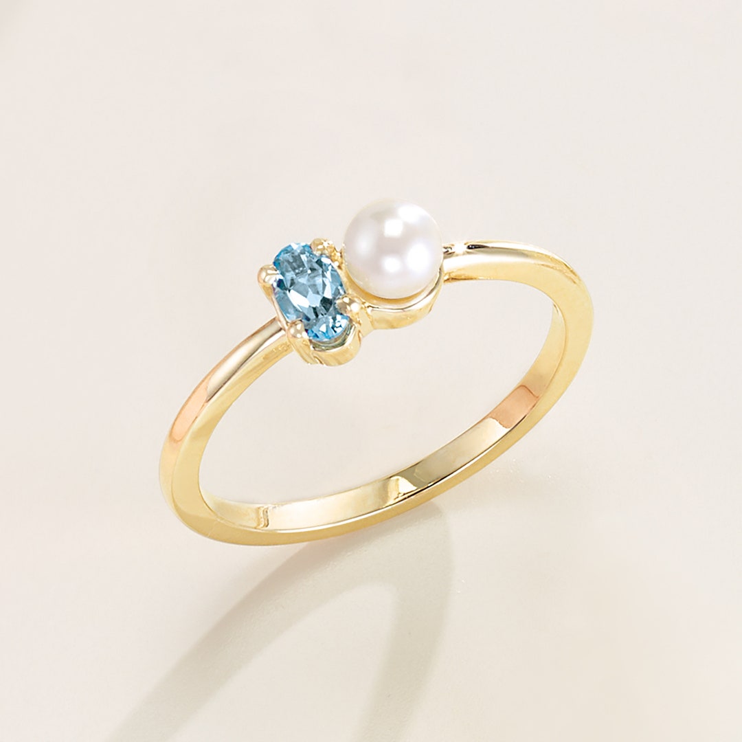 14K Gold Aquamarine & Pearl Ring - 14K Solid Gold Real 14KT Yellow ...